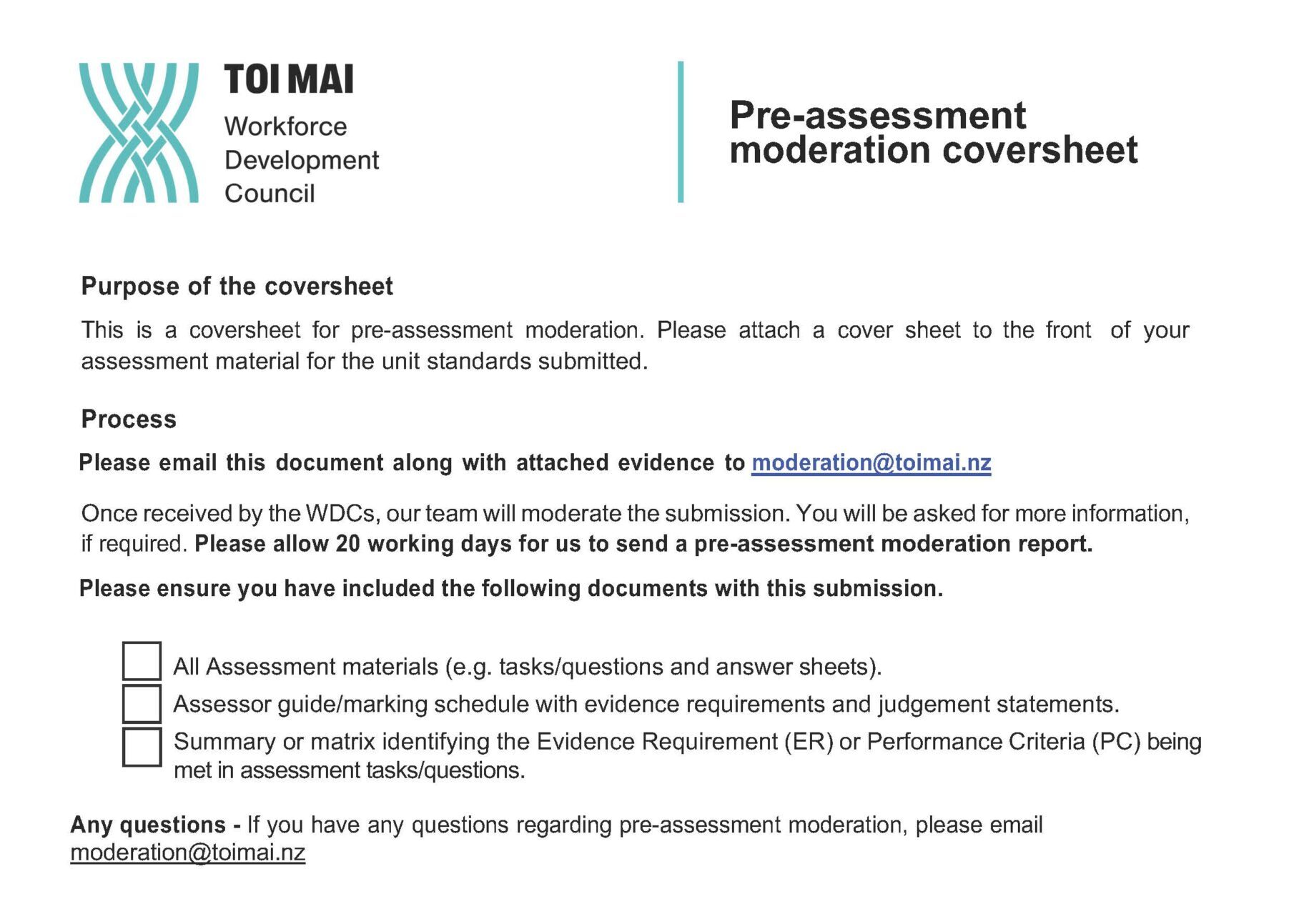 Pre-moderation coversheet - Toi Mai